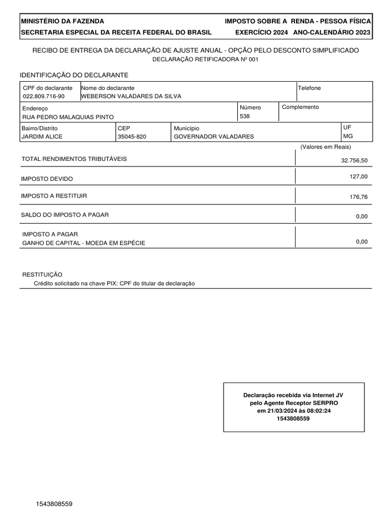 Recibo de Entrega IRPF 2024 | PDF | Imposto de Renda | Impostos