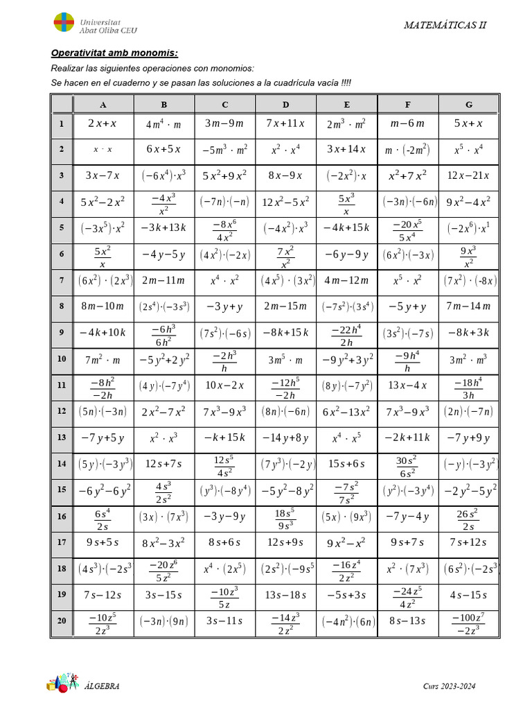 Operaciones con Monomios | PDF