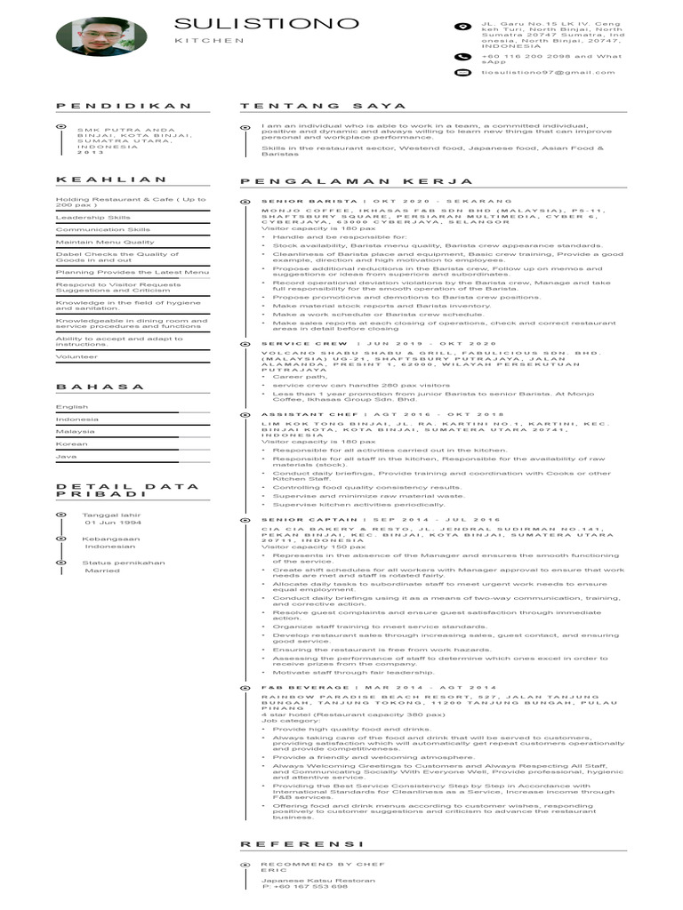 Resume - Sulistiono - Kitchen - Japanese Food | PDF | Restaurants