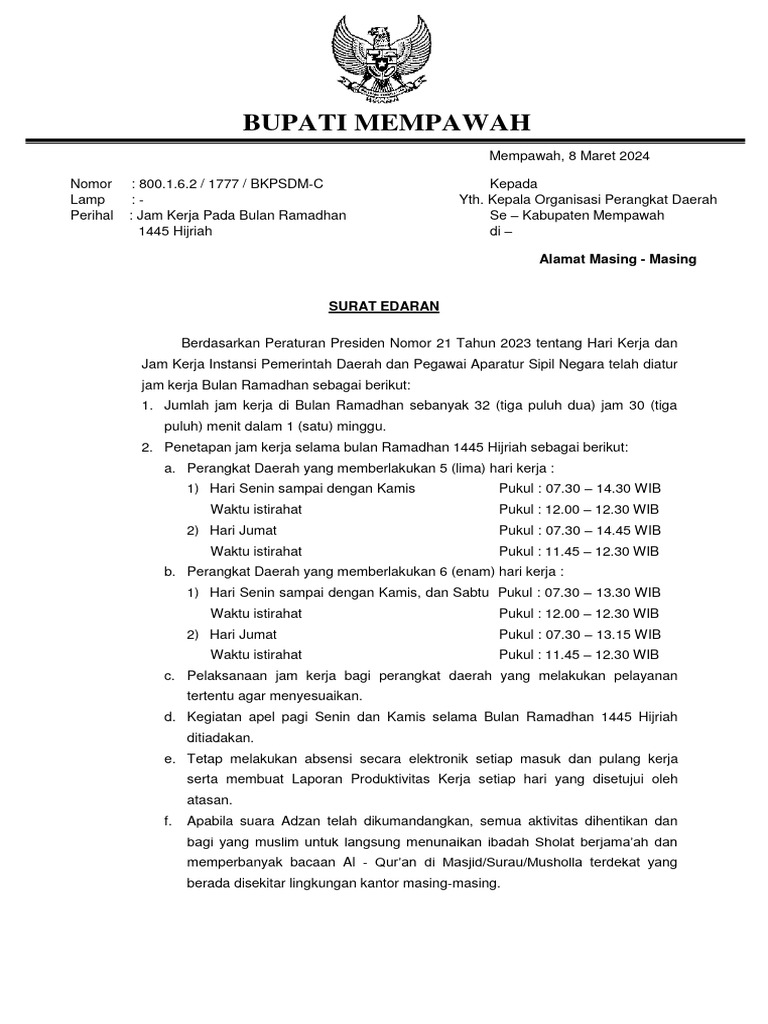 Surat Edaran Jam Kerja Bulan Ramadhan 1445 Hijriah | PDF