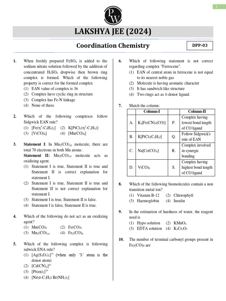 Coordination Chemistry - DPP 03 (Of Lec 08) - Lakshya JEE 2024 | PDF ... Coordination Chemistry - DPP 03 (Of Lec 08) - Lakshya JEE 2024 | PDF ...