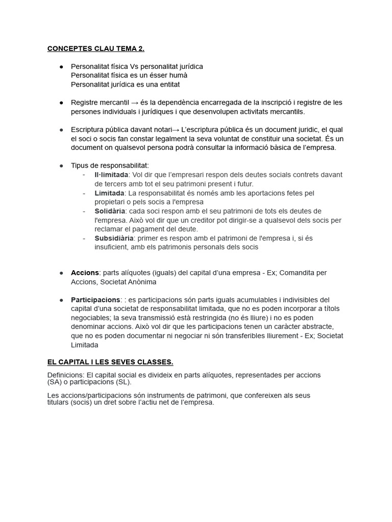 Conceptes Clau Tema 2. Classes D'empreses | PDF
