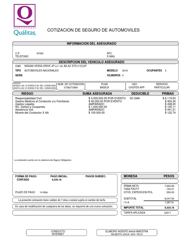 Qualitas Chofer APP Versa 2019 | PDF