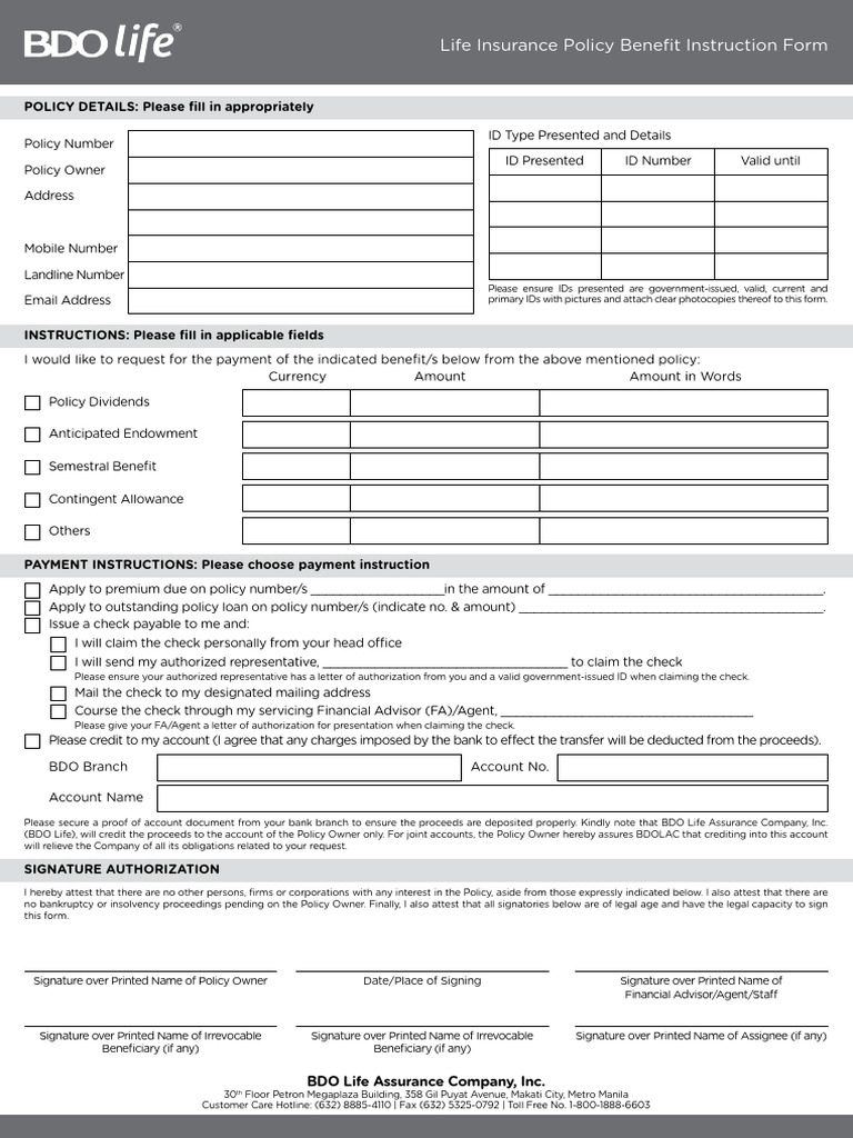 BDO Life Insurance Payment Request Form | PDF | Cheque | Life Insurance