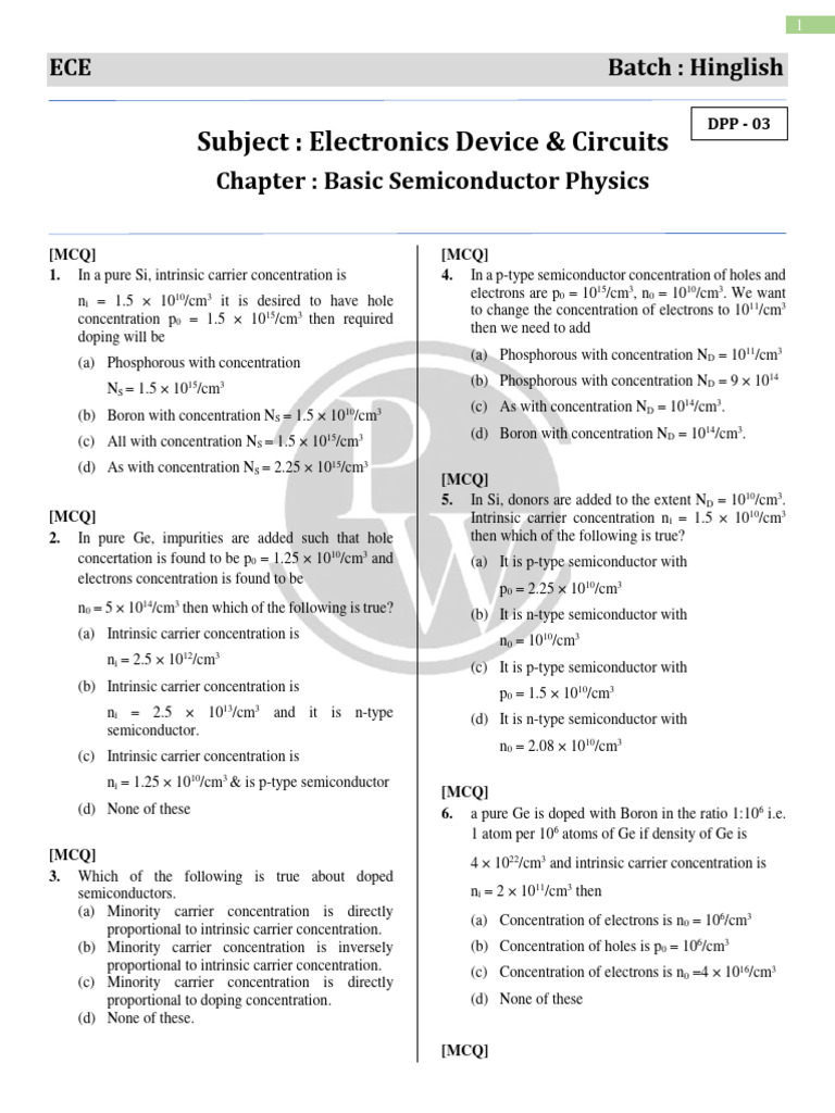 Basic SC Physics - DPP 03 (Of Lec 11 & 12) | PDF | Semiconductors | Doping (Semiconductor)