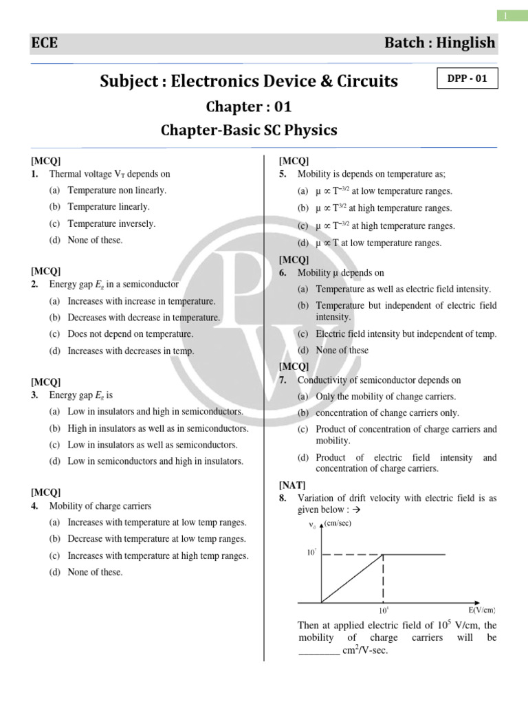 Basic SC Physics - DPP 01 (Of Lec 3 & 4) | PDF | Semiconductors | Insulator (Electricity)