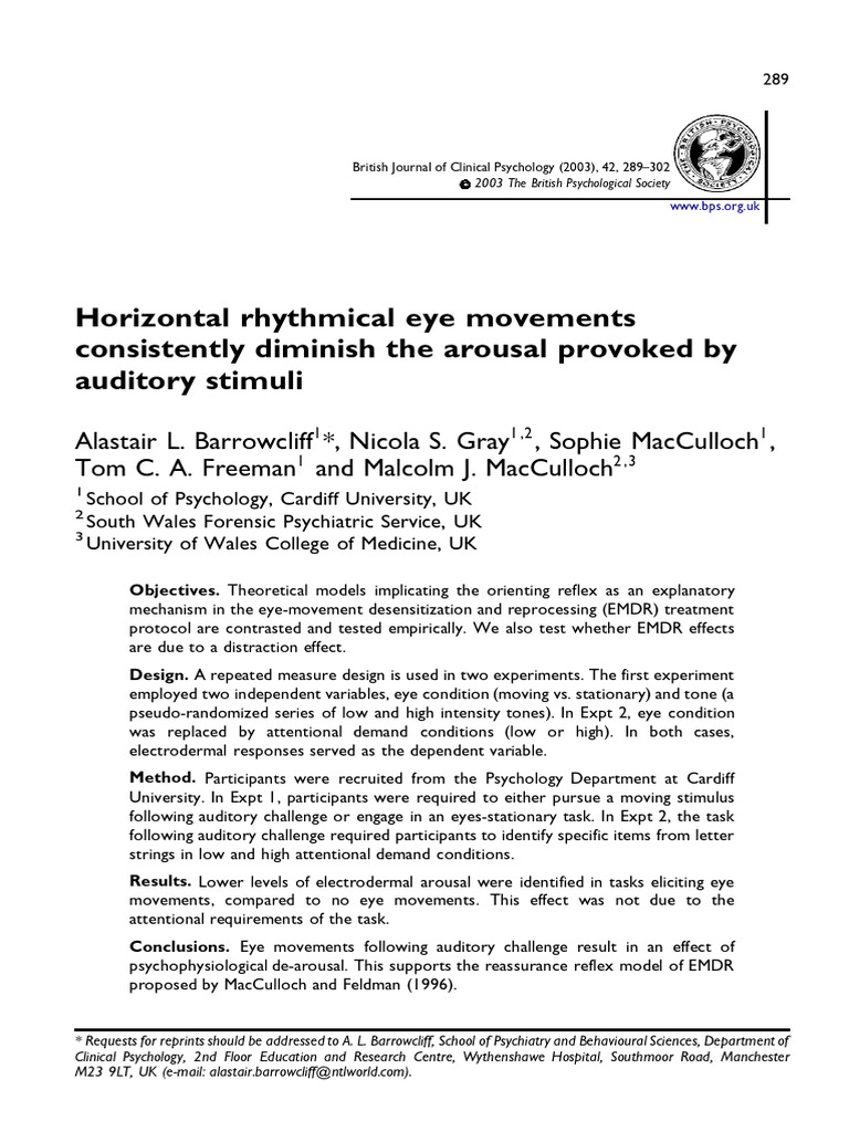Barrowcliff EM Diminish Arousal BritJClinPsychol 2003 | PDF | Eye Movement Desensitization And ...