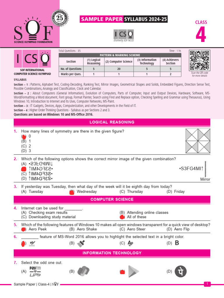 ICSO Class 4 Sample Paper 2024-25 | PDF | Online And Offline | Windows 10