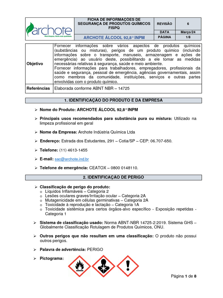 FISPQ Archote Álcool 92,8° INPM | PDF | Águas residuais | Embalagem e ...