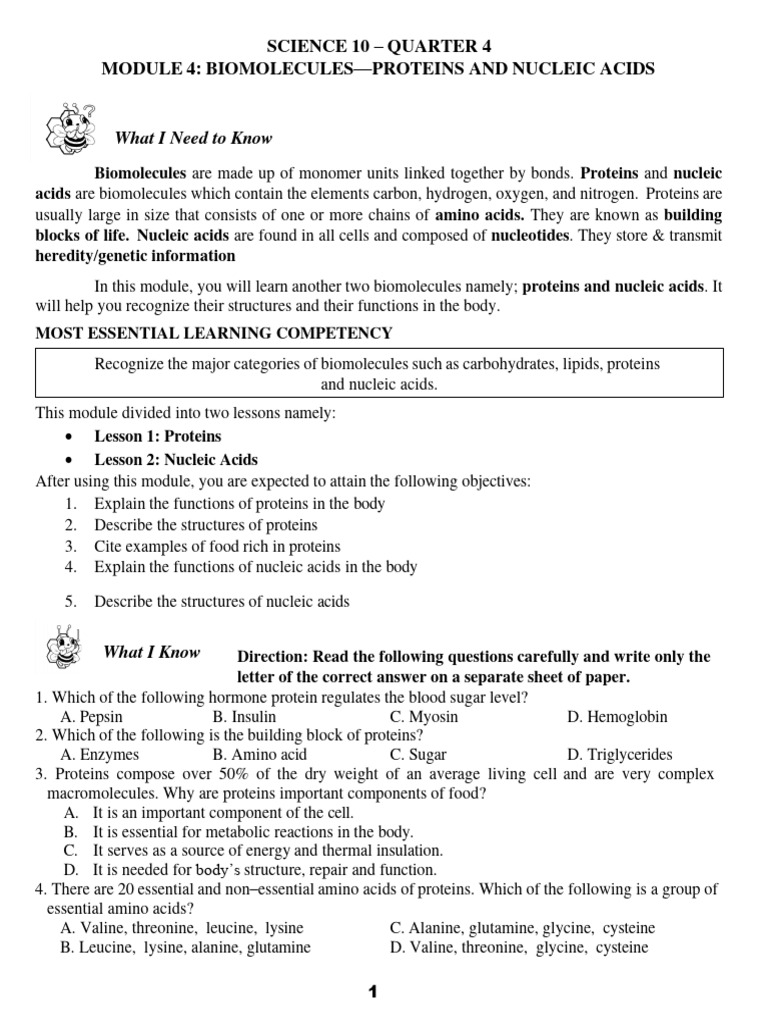 SCIENCE 10 - Q4 - MOD4 - Biomolecles Proteins and Nucleic Acid v1 | PDF ...