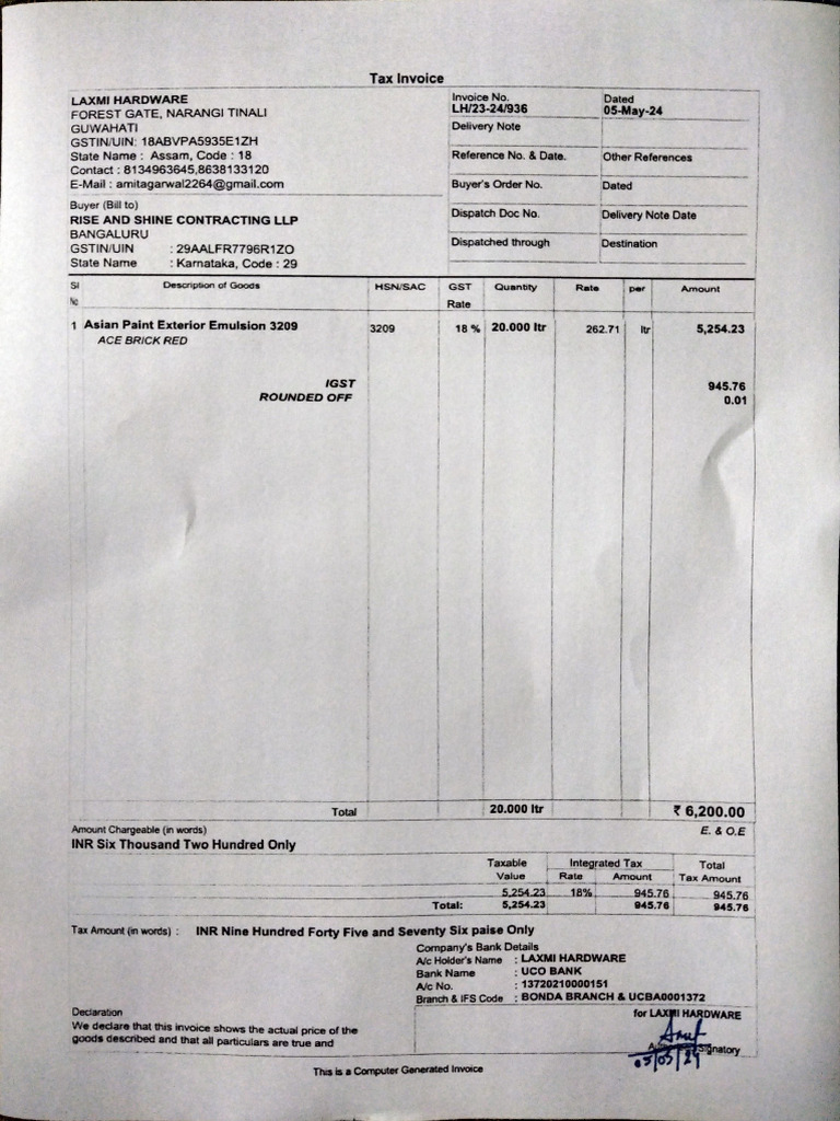 Tax Invoice for Asian Paints Purchase | PDF | Invoice | Economies