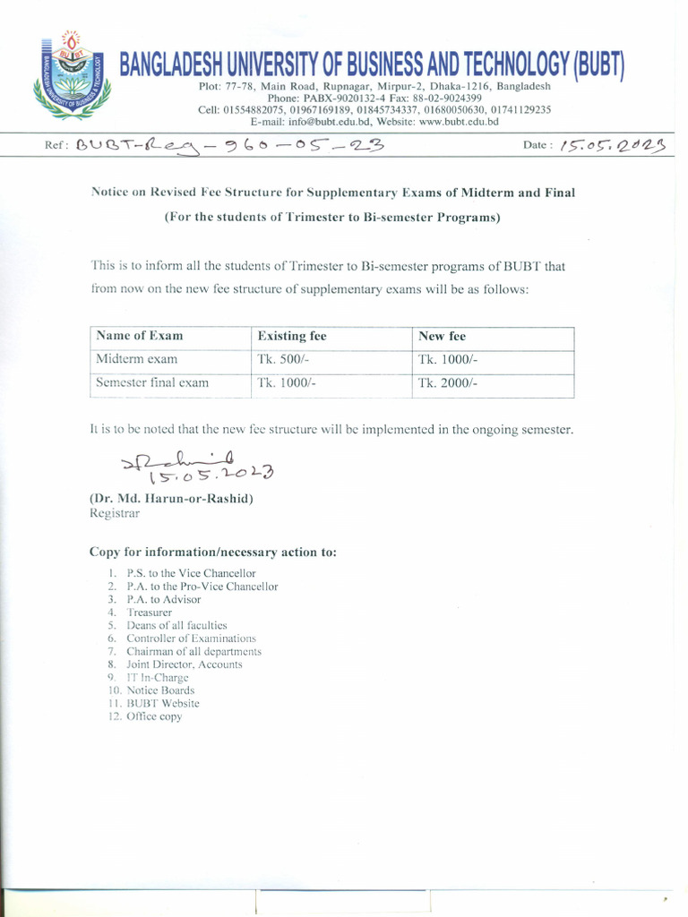 Notice On Revised Fee Structure For Supplimentary Exams of Midterm and Final | PDF