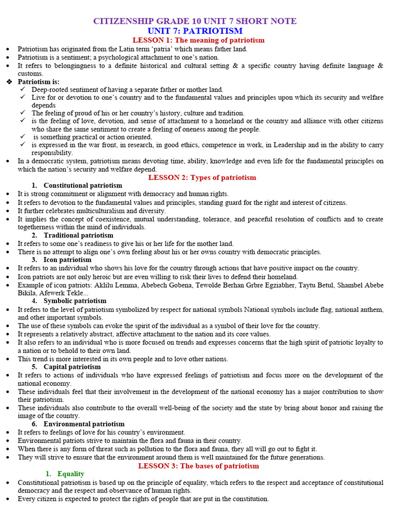 Citizenship Grade 10 Unit 7 Short Note | PDF | Patriotism | Citizenship