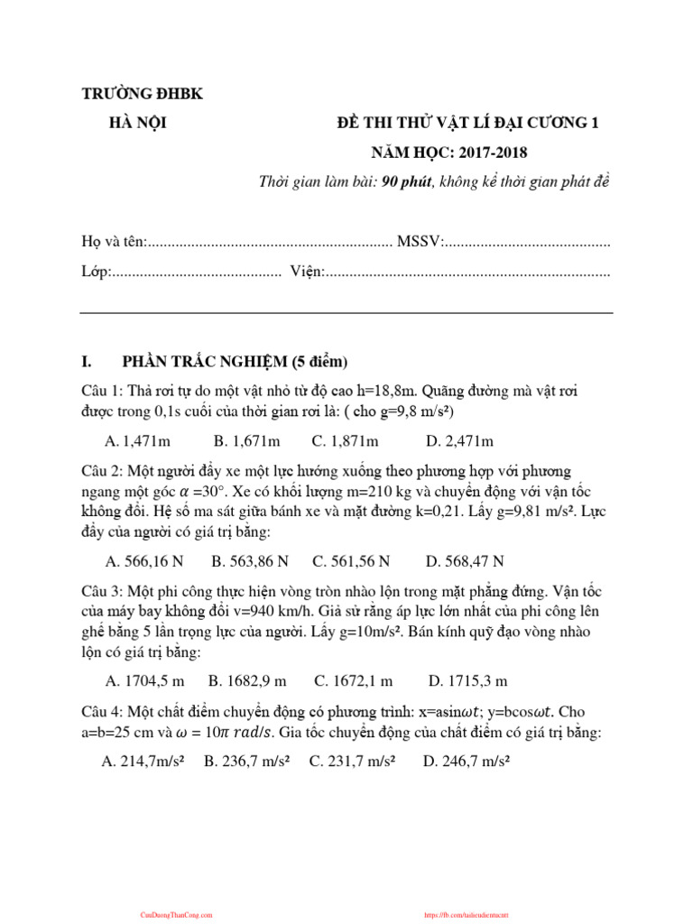Vat-Ly-Dai-Cuong-1 - Dethithuvldc1 - (Cuuduongthancong - Com) | PDF