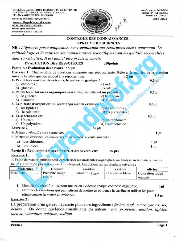 Sciences 1erea Perso1 College Bilingue Retraite 2023 2024 | PDF