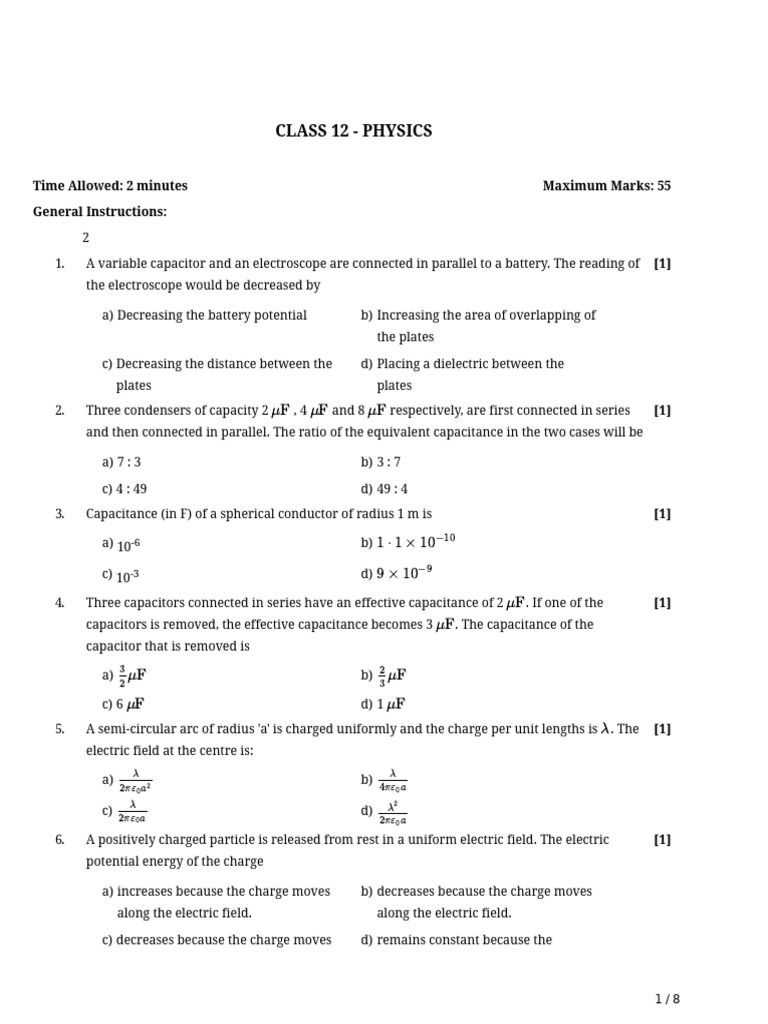 12PHY UNIT2 MCQ | PDF | Capacitor | Capacitance