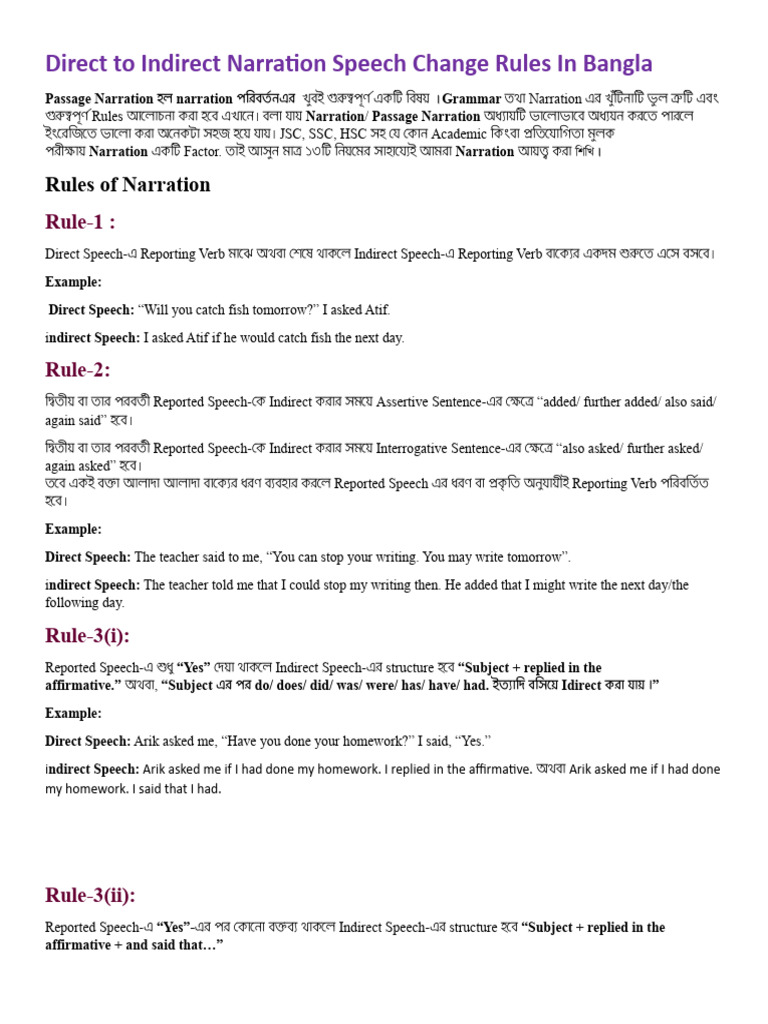 Direct to Indirect Narration Speech Change Rules In Bangla | PDF | Semantic Units | Linguistics