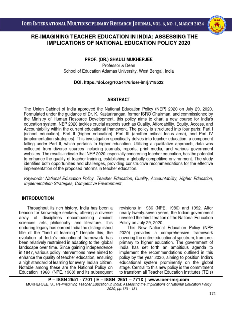 Re-Imagining Teacher Education in India Assessing The Implications of National Education Policy ...