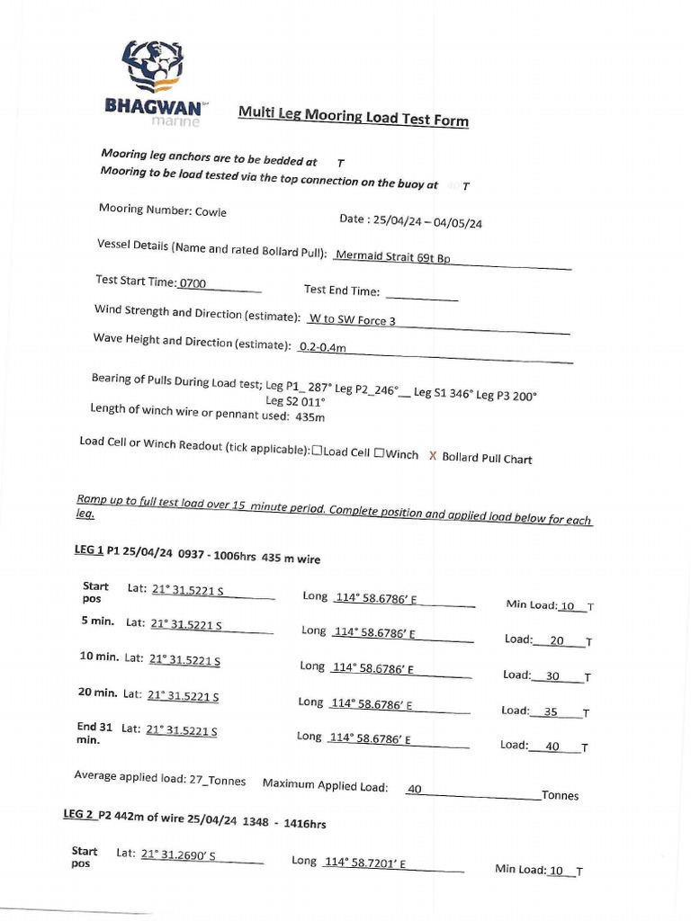 Mooring Load Test Cowle | PDF