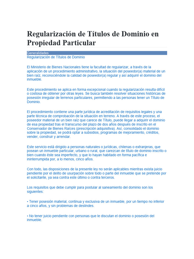 Regularización de Títulos de Dominio en Propiedad Particular ESTRUCTURA ...