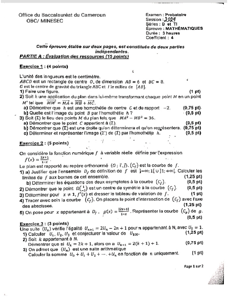 Maths - Probatoire D - 2024 - OBC | PDF