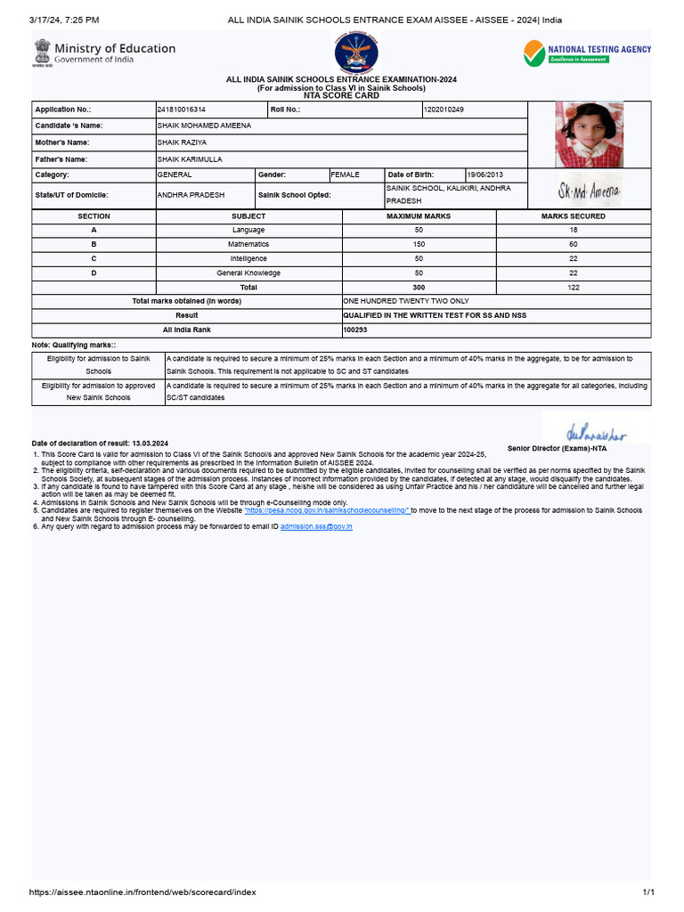 ALL INDIA SAINIK SCHOOLS ENTRANCE EXAM AISSEE - AISSEE - 2024 - India | PDF