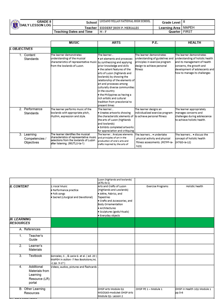 Mapeh DLL 2023-2024 | PDF | Learning | Teachers