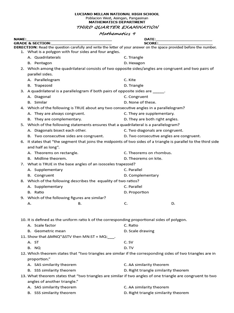 3rd Quarter PE | PDF | Triangle | Rectangle