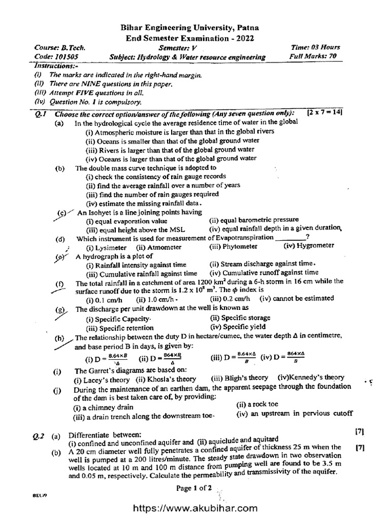 Btech Ce 5 Sem Hydrology and Water Resource Engineering 101505 2022 | PDF