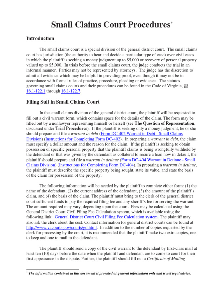 Small Claims Court Procedures | PDF | Witness | Virginia Circuit Court