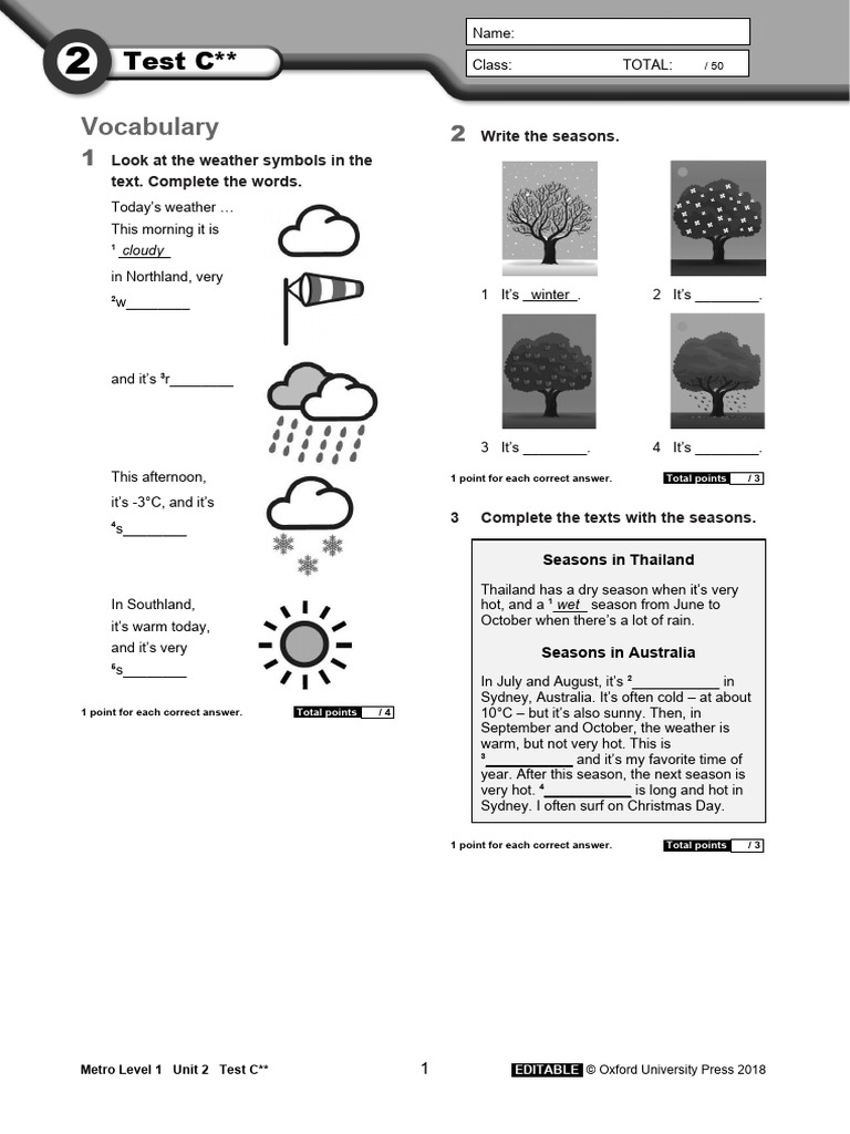 Weather and Seasons Vocabulary Test | PDF | Linguistics | Grammar
