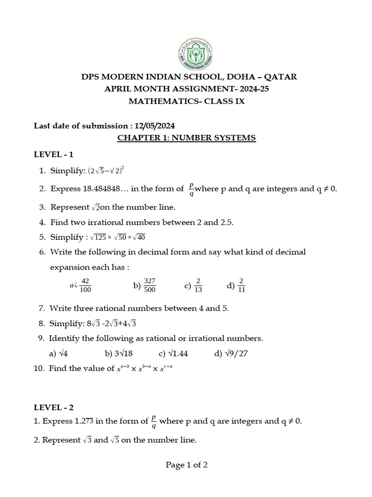 April Assign IX 24-25 | PDF | Numbers | Rational Number