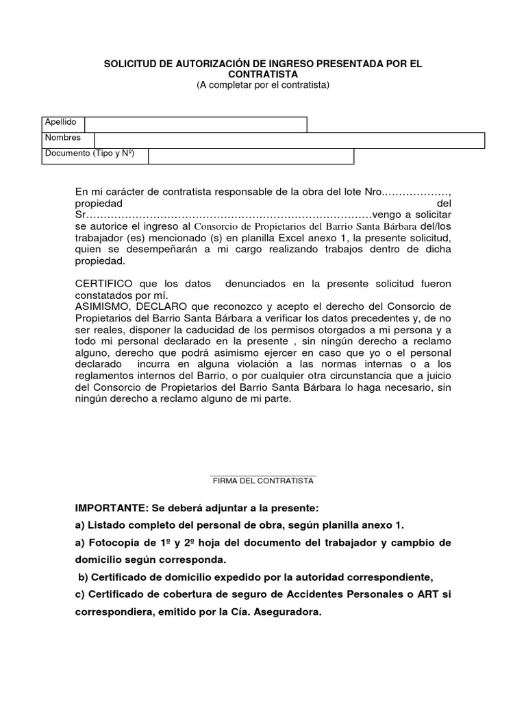 Solicitud de Ingreso para Contratistas | PDF