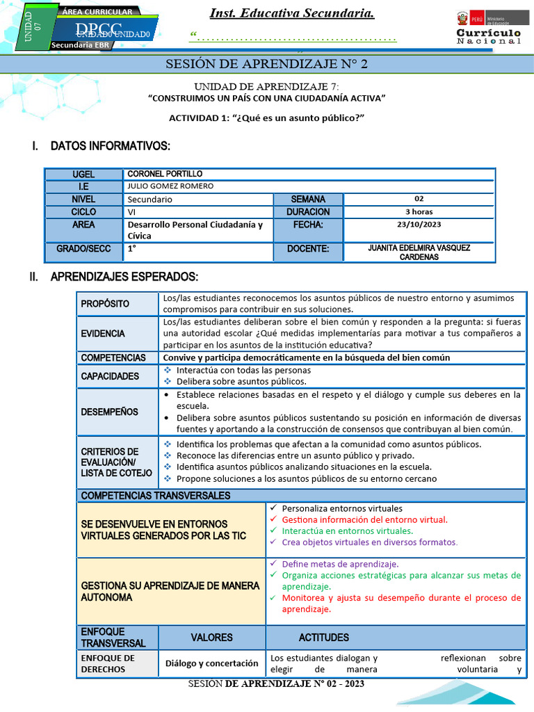 1º DPCC- SES 2 UNI 7 - SEM 02 | PDF | Maestros | Aprendizaje