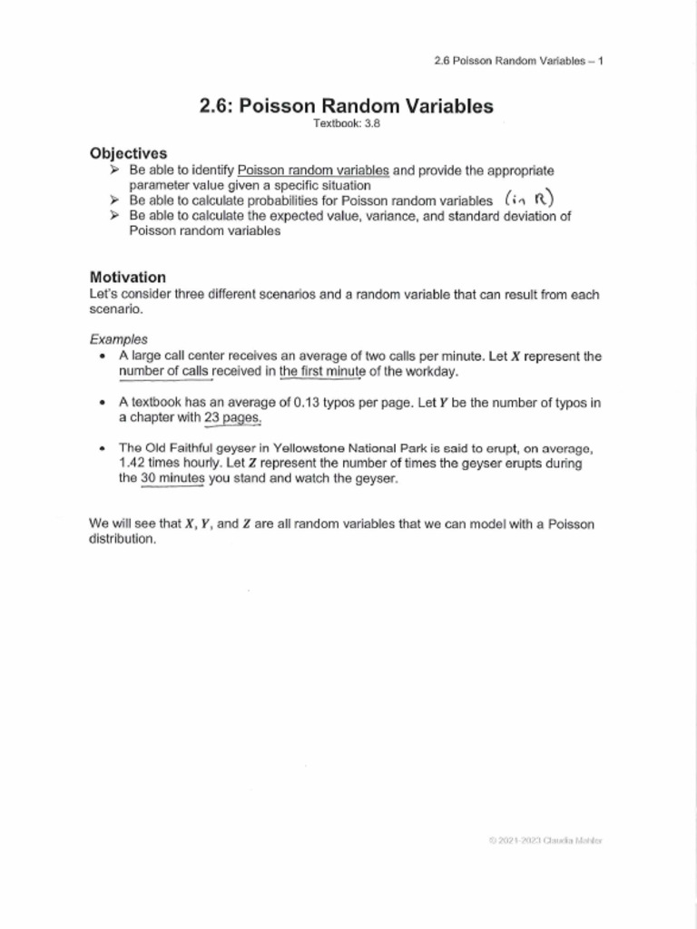2.6 Poisson Random Variables COMPLETED | PDF