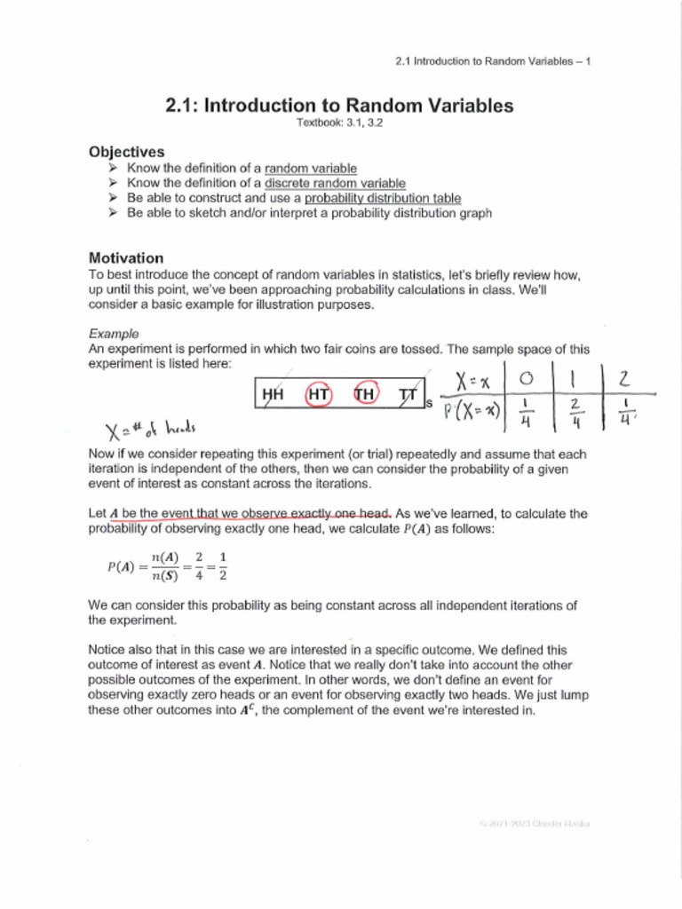 2.1 Introduction To Random Variables COMPLETED | PDF
