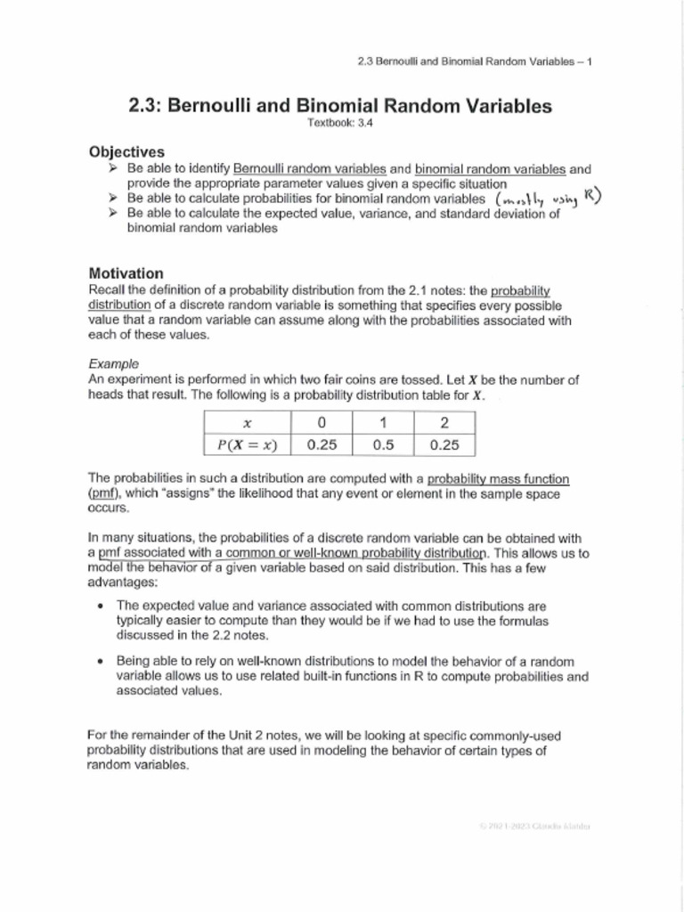 2.3 Bernoulli and Binomial Random Variables COMPLETED | PDF