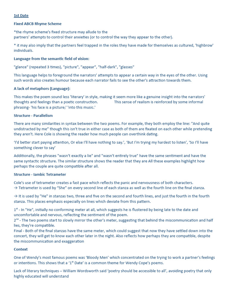 Analysis of "1st Date" and "One Flesh" | PDF | Poetry | Rhyme