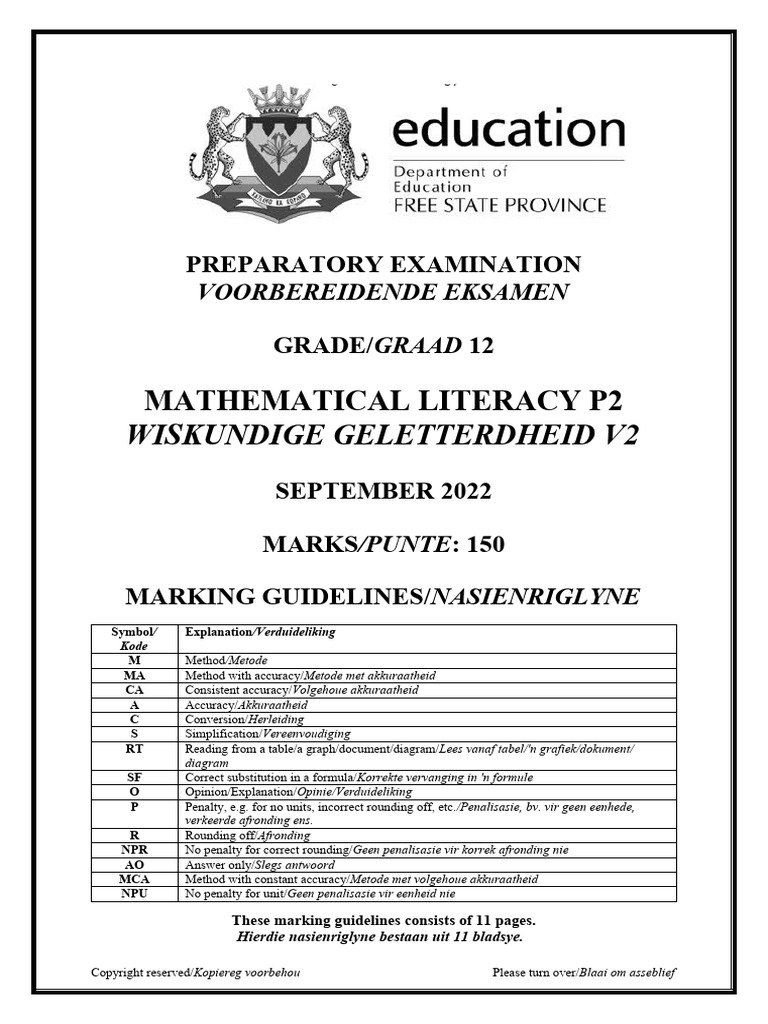 Mathematical Literacy P2 Prep Sept 2022 Memo Eng & Afr | PDF | Cognition