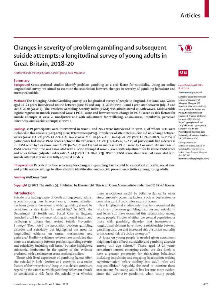 Changes in Severity of Problem Gambling and Subsequent | Download Free ...