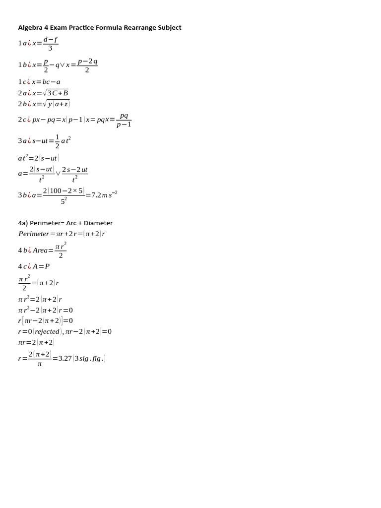 Algebra 4 Exam Practice Formula Rearrange Subject | PDF