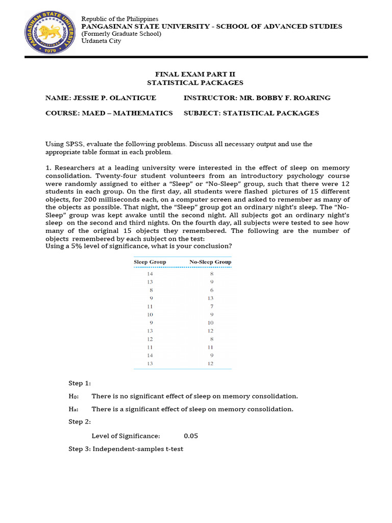 OLANTIGUE_FINAL EXAM_PART II | PDF | Statistical Significance | Statistical Inference