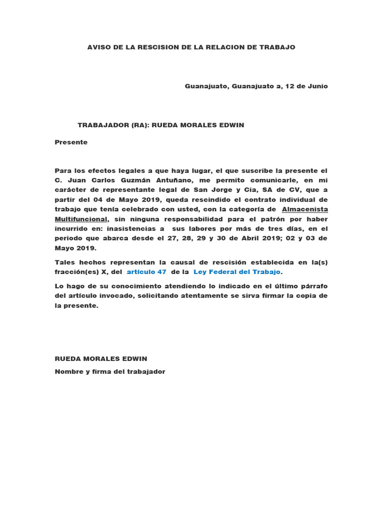Rescisión de contrato laboral por inasistencias | PDF | Política | Derecho