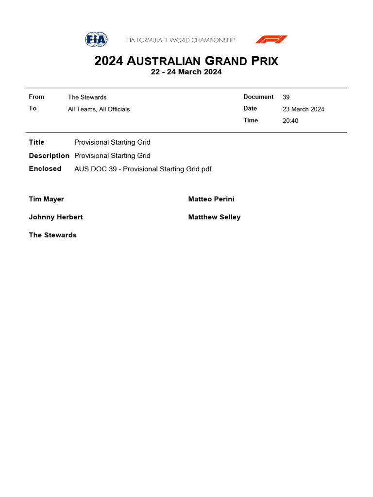 2024 Australian Grand Prix - Provisional Starting Grid | PDF | Formula ...