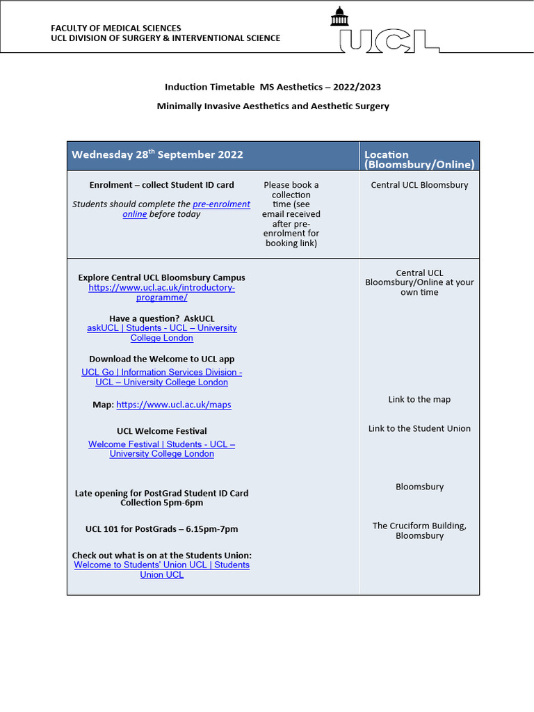 MS Aesthetics Induction Timetable 2022-23 | PDF | University College London