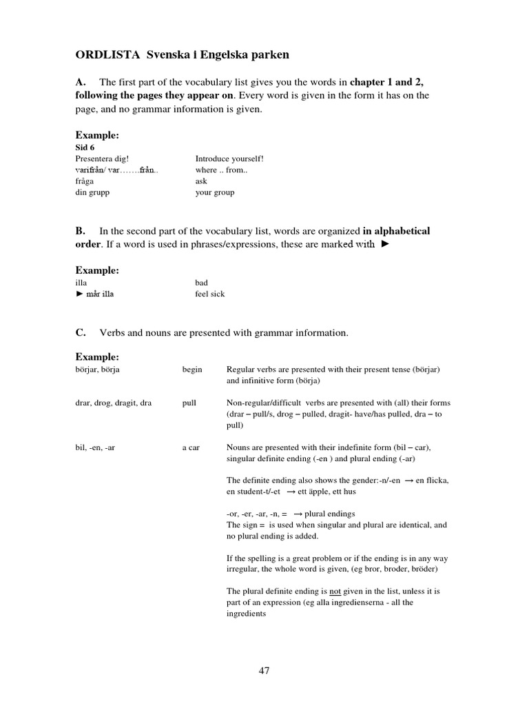 Basic Swedish 1 Ordlista | PDF