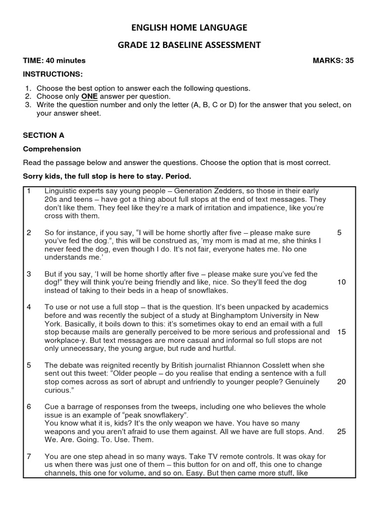 Eng HL GRADE 12 BASELINE TEST | PDF | Poetry