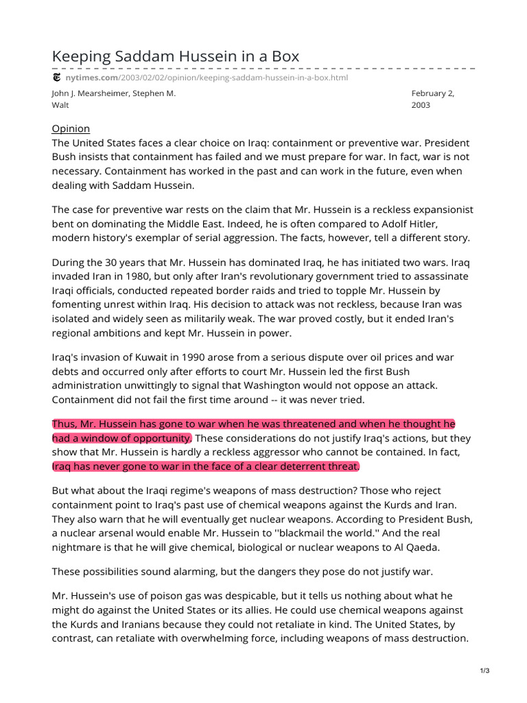 Keeping Saddam Hussein in A Box, Nytimes - Com 2003 | PDF | Saddam ...