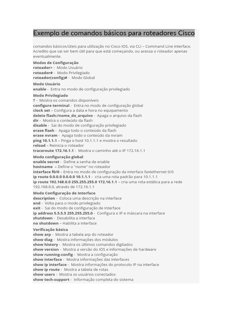 Exemplo de comandos básicos para roteadores Cisco | PDF