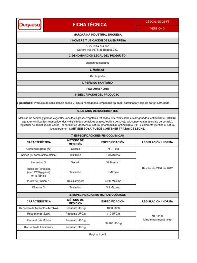 Ficha Técnica de Margarina Duquesa | PDF | Margarina | Petróleo